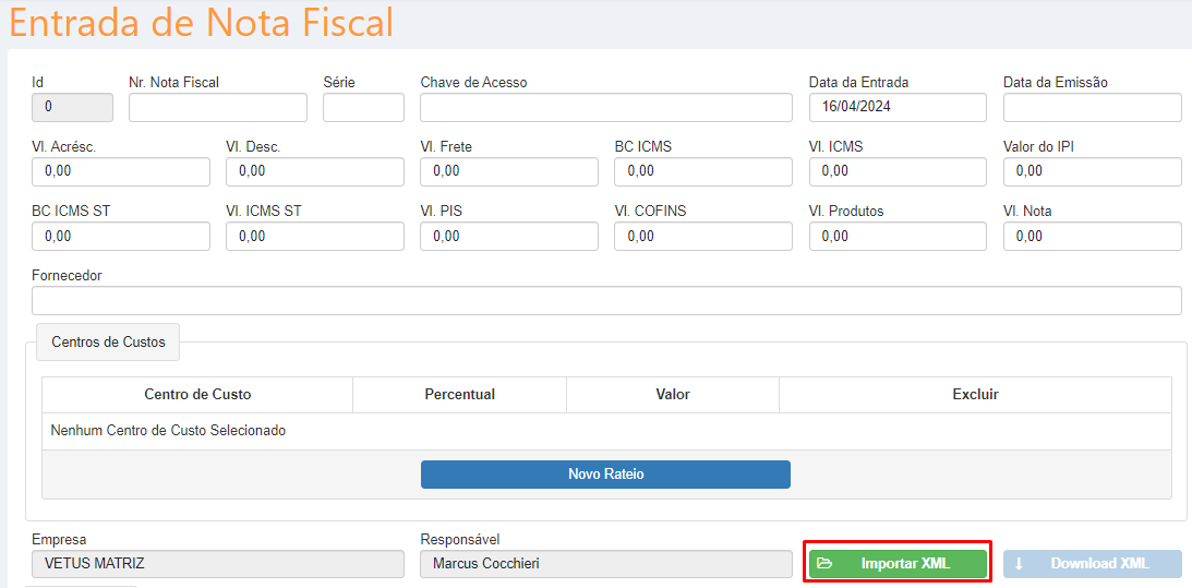 Entrada de nota fiscal - Fracionamento – Central de Ajuda Vetus